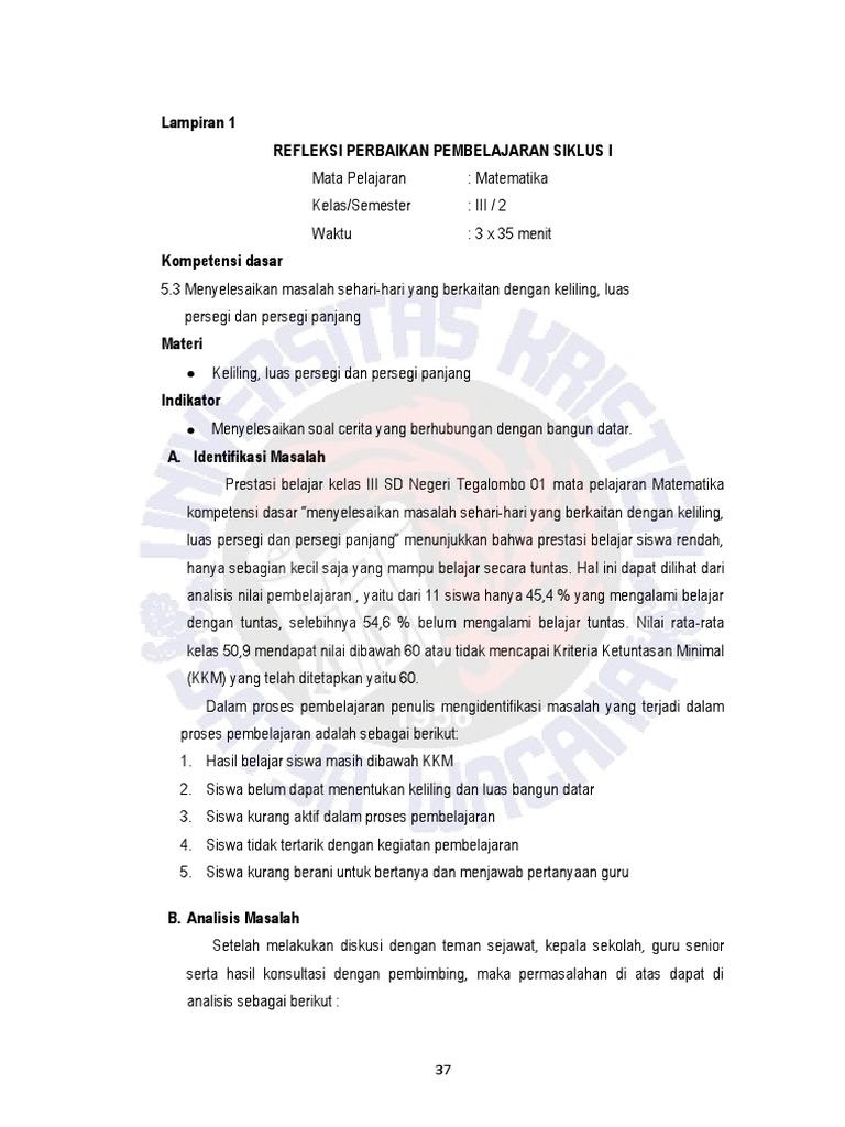 1 Refleksi Perbaikan Pembelajaran Siklus I Pdf