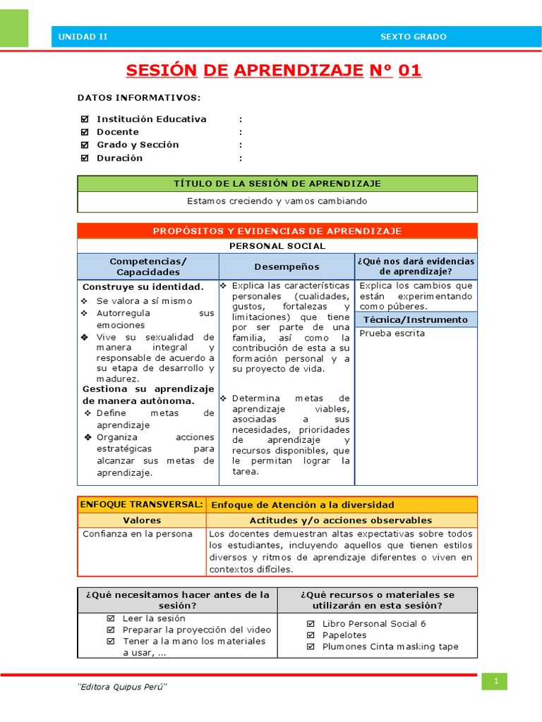Sesiones de Aprendizaje - Unidad Didáctica II - Editora Quipus Perú | PDF | Aprendizaje | Método ...