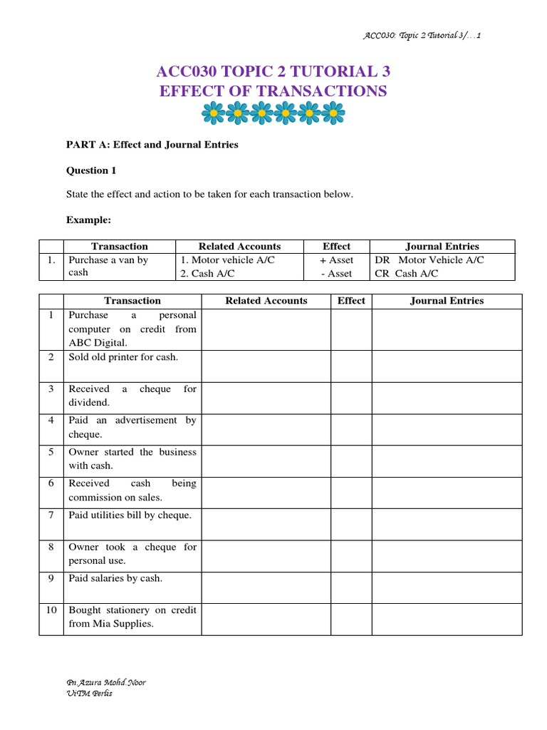 ACC030 T2 TUTORIAL 3 EFFECT OF TRANSACTIONS Qs | PDF | Debits And Credits | Service Industries