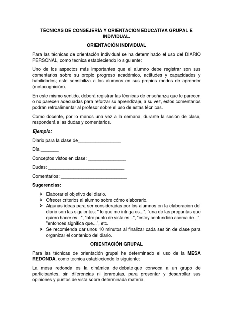 Técnicas de Consejería y Orientación Educativa Grupal e Individual ...