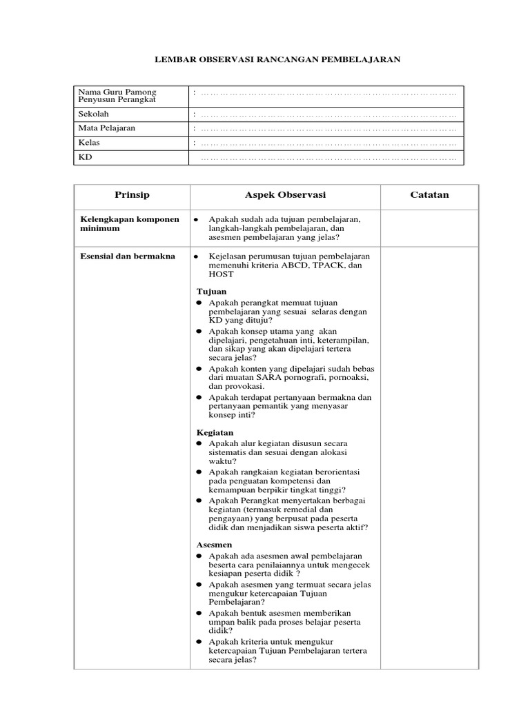 Lembar Observasi RPP | PDF