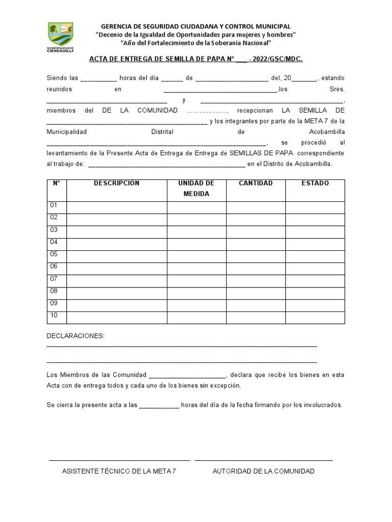 Acta de Entrega de Materiales | PDF Acta de Entrega de Materiales | PDF