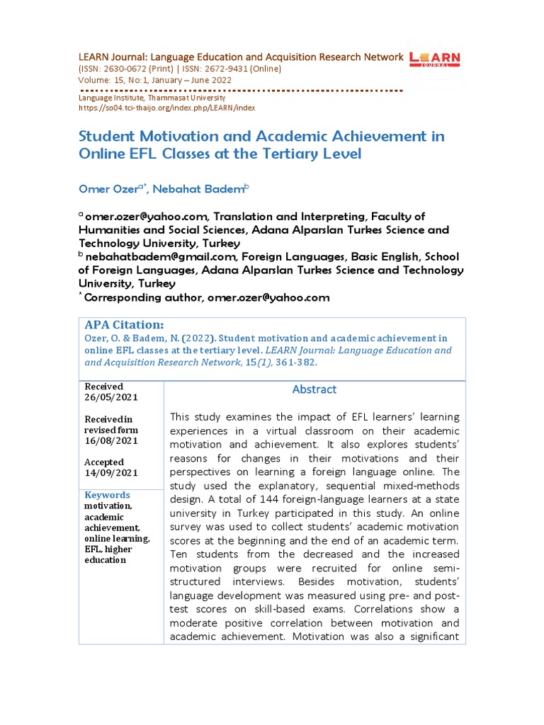 EFL Motivation in Online Classes | PDF | Distance Education ...