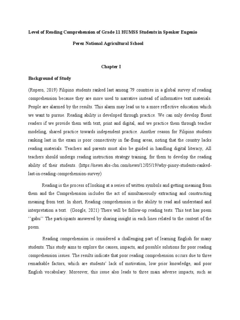 Level of Reading Comprehension of Grade 11 HUMSS Students in Speaker Eugenio 1 1 1 | PDF ...