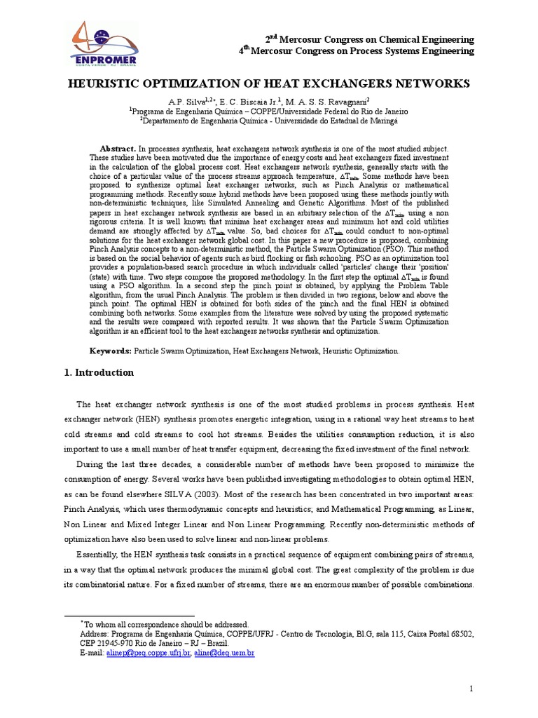 Silva Et Al. (2007) - Heuristic Optimization of Heat Exchangers Networks | PDF | Mathematical ...