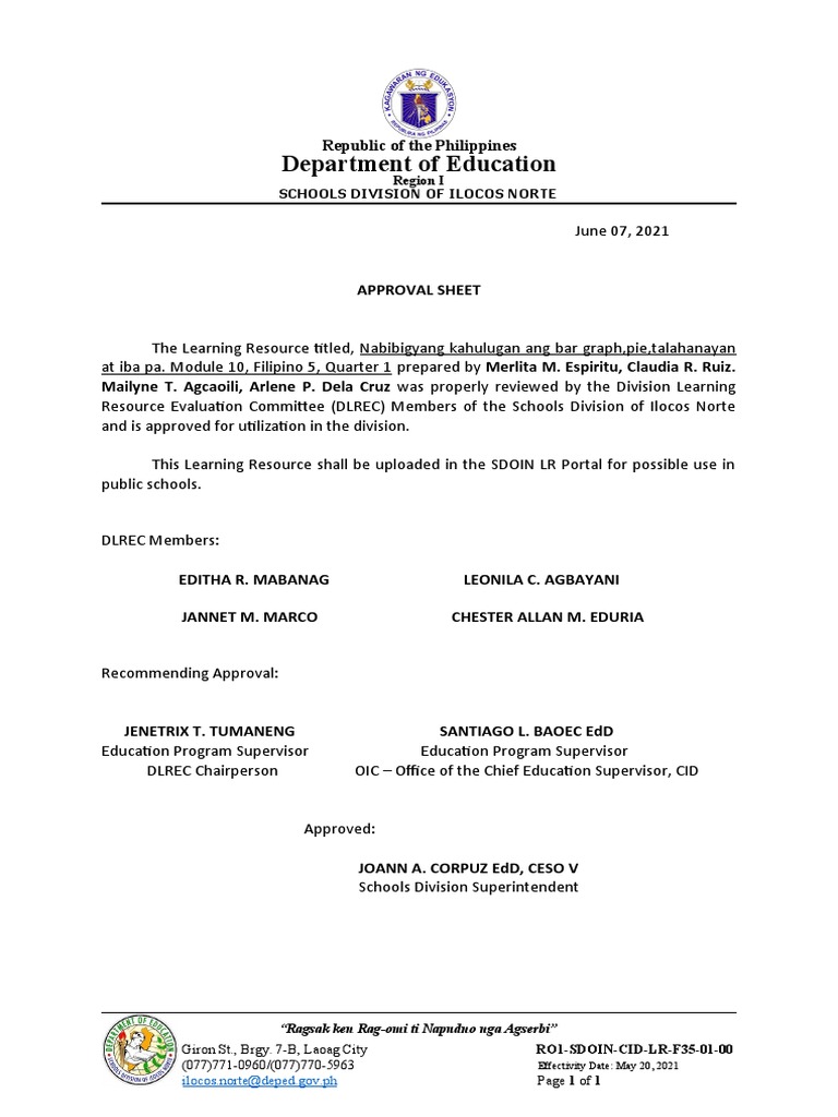 Approval-Sheet-Quarter 1 Filipino 5 Module 10 | PDF | Philippines