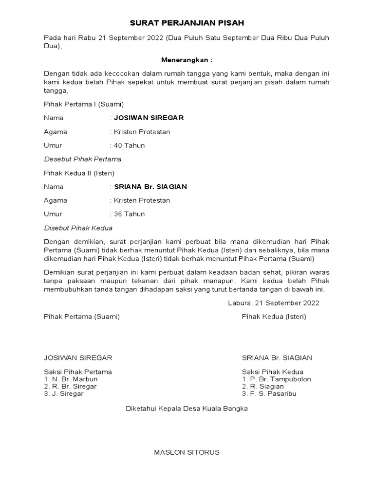Surat Perjanjian Pisah | PDF