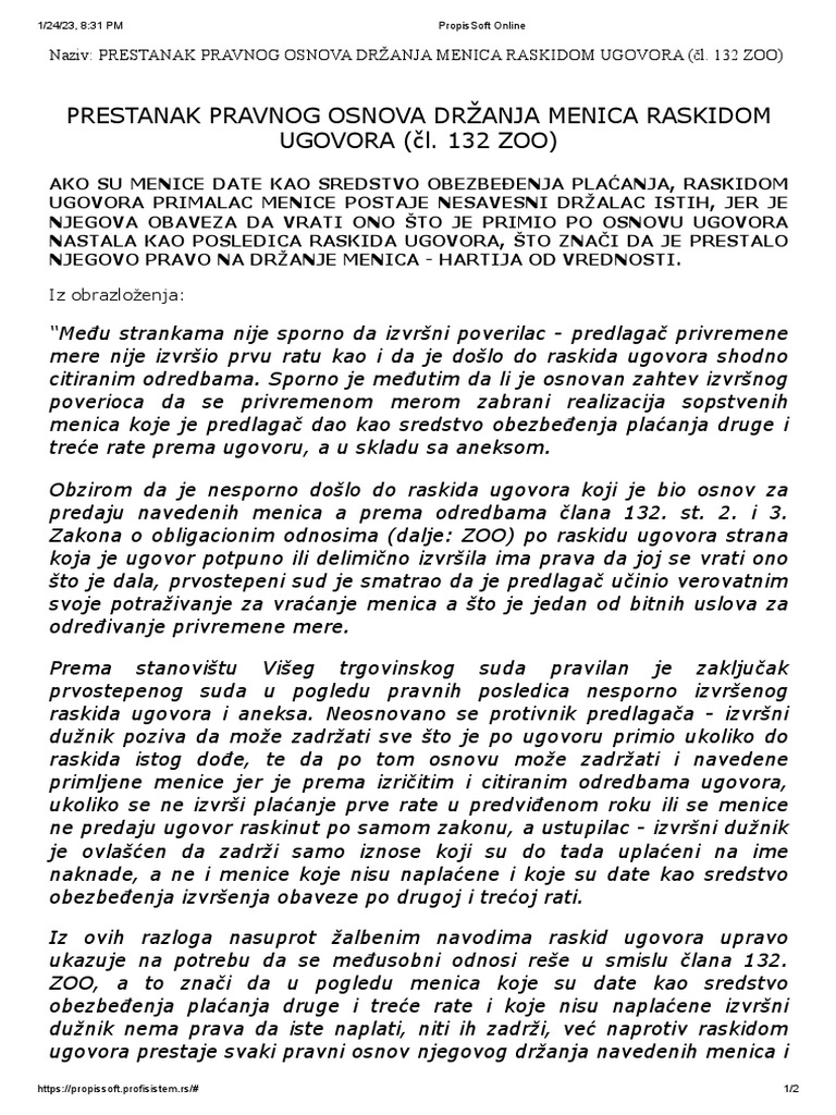 Prestanak Pravnog Osnova Držanja Menica Raskidom | PDF