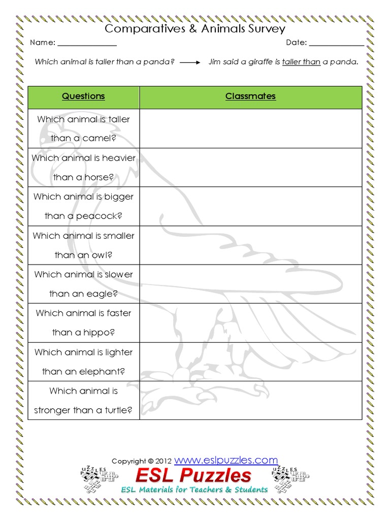 Comparatives & Animals Survey Worksheet | PDF