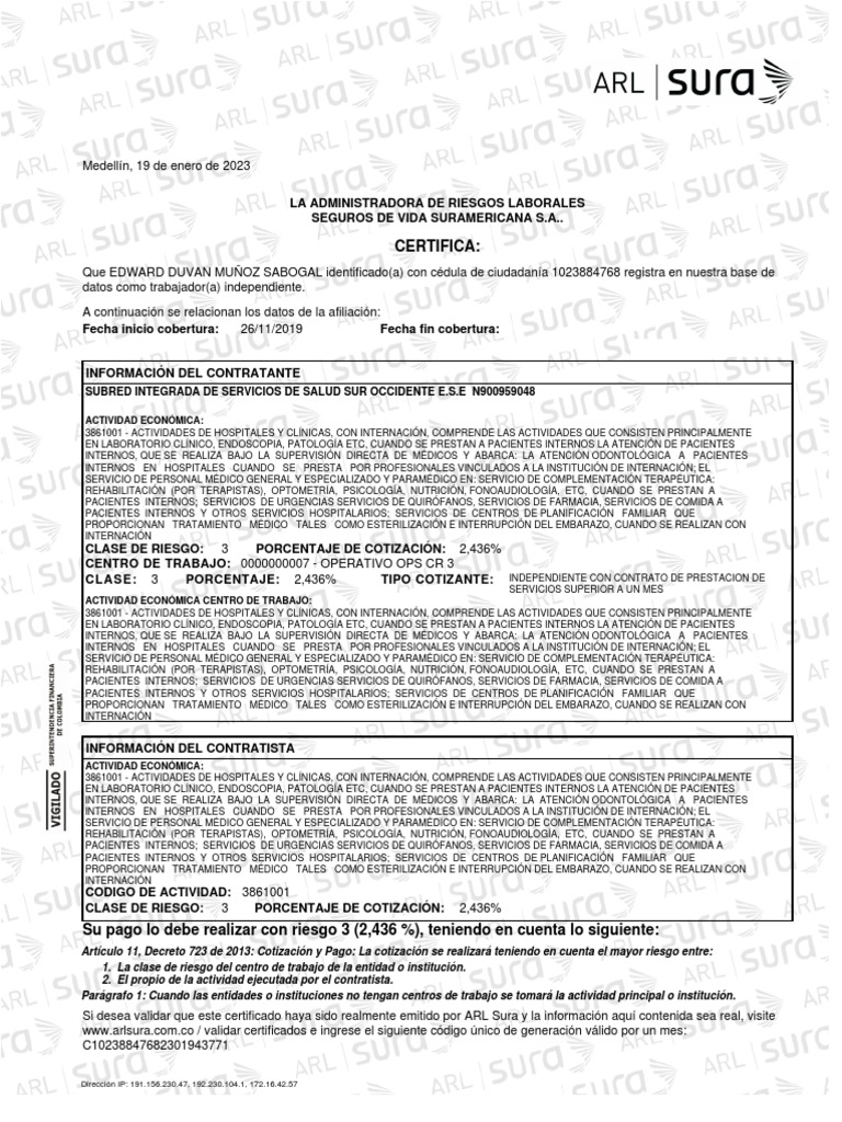 Certificación Arl | PDF | Hospital | Farmacia