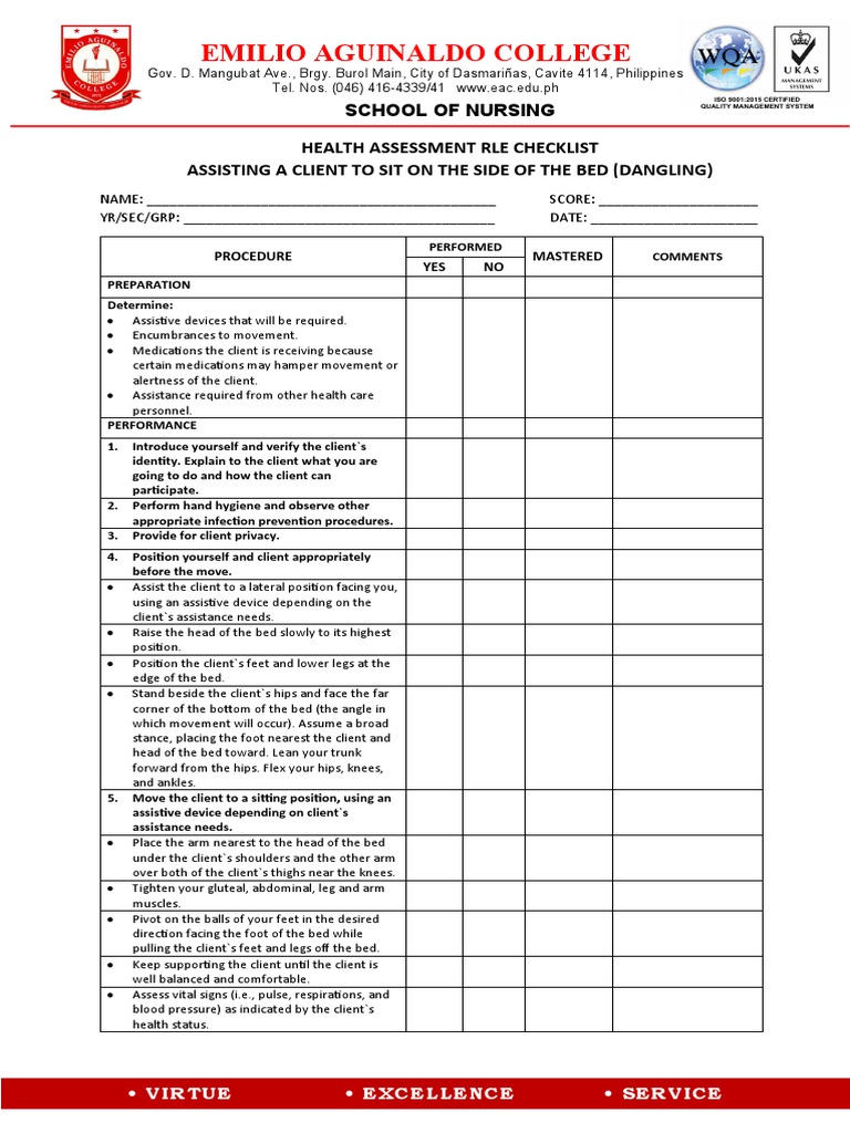 Assisting A Client To Sit On The Side of The Bed (Dangling) | PDF ...