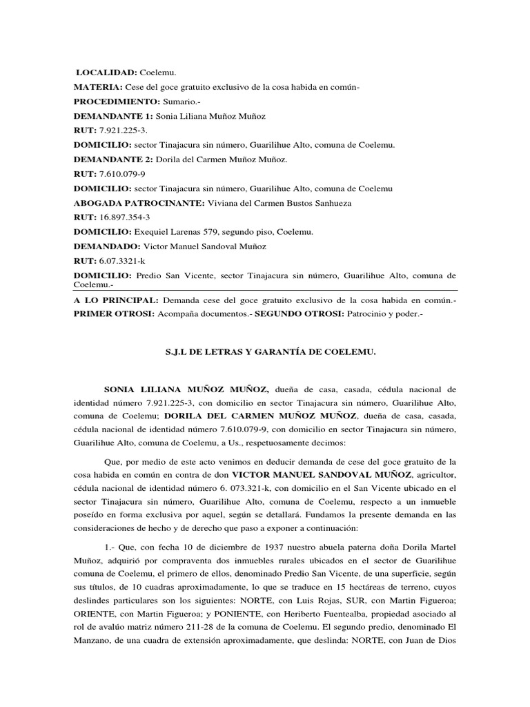 Demanda Cese Del Goce Gratuito Exclusivo de La Cosa Habida en Común ...