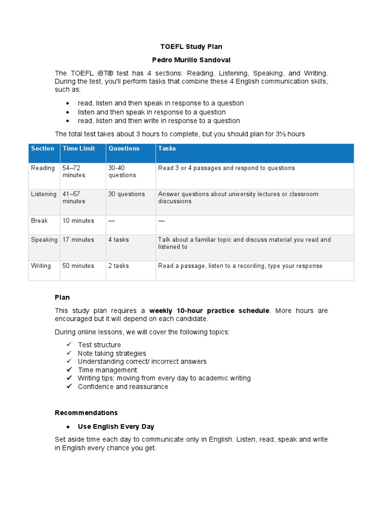 TOEFL Study Plan | PDF | Test Of English As A Foreign Language ...
