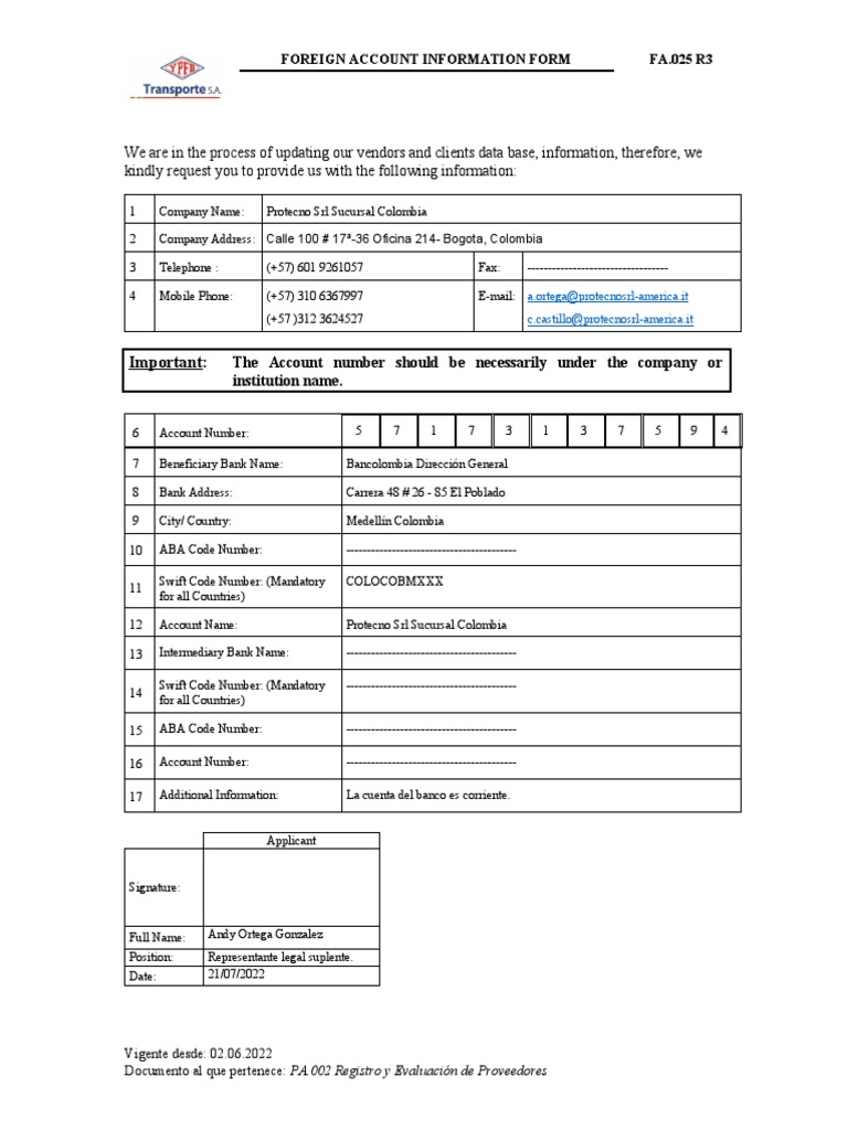 Foreign Account Information Form | PDF