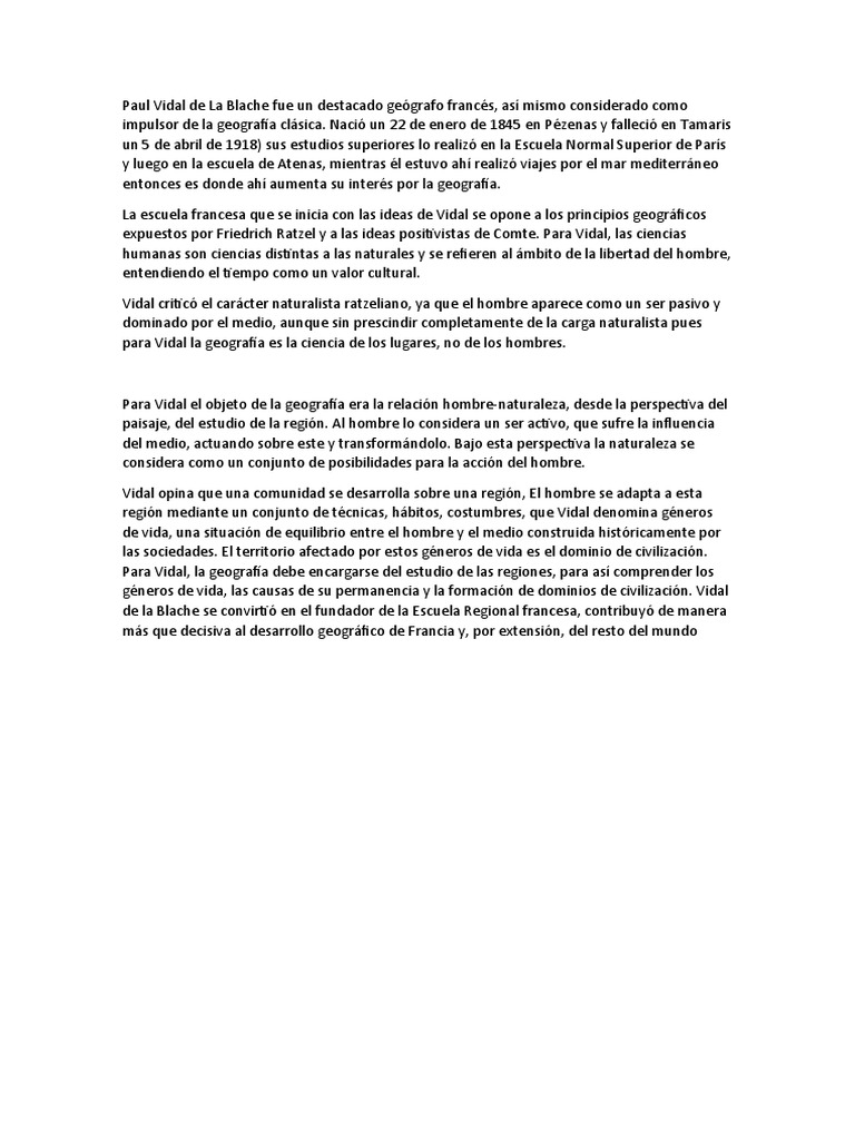 Paul Vidal de La Blache Fue Un Destacado Geógrafo Francés | PDF