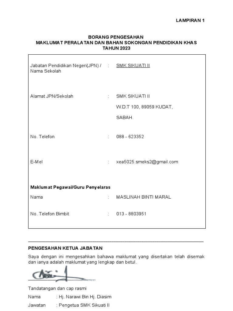 SMK Sikuati Ii - Lampiran 1 - Borang Pengesahan Maklumat THN 2023 | PDF