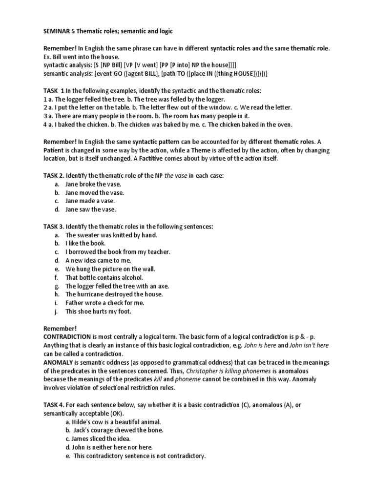 Week 7 Seminar Thematic Roles - Semantic and Syntax 2022 2023 | PDF | Syntax | Cognitive Science