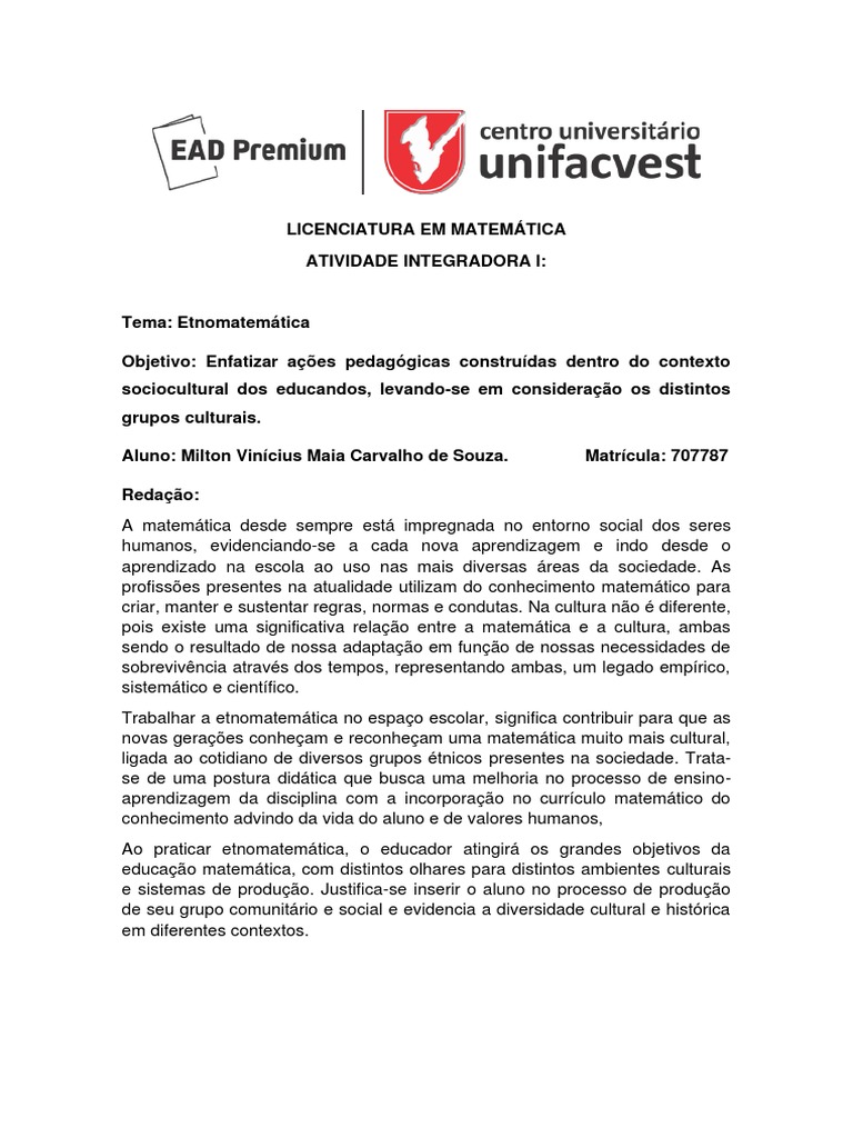 Atividade Integradora I Unifavest Milton Vinícius | PDF