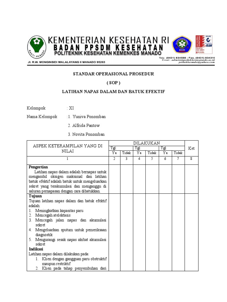 SOP Latihan Napas Dalam Dan Batuk Efektif KLMPK 11 | PDF