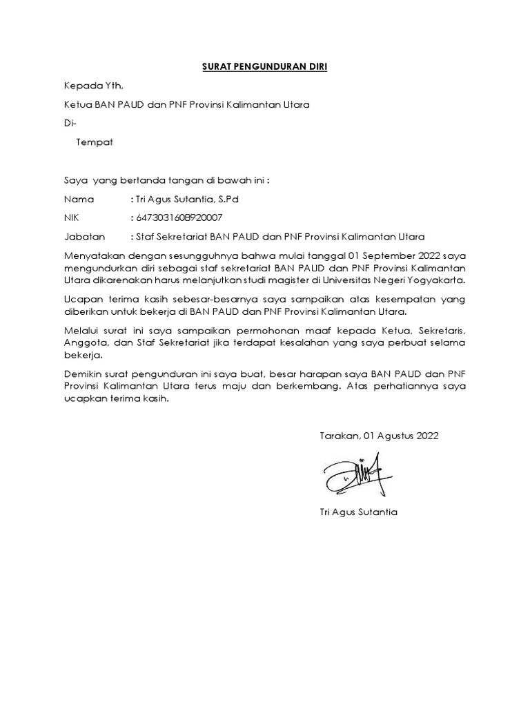 Surat Pengunduran Diri Tri Agus BANP | PDF