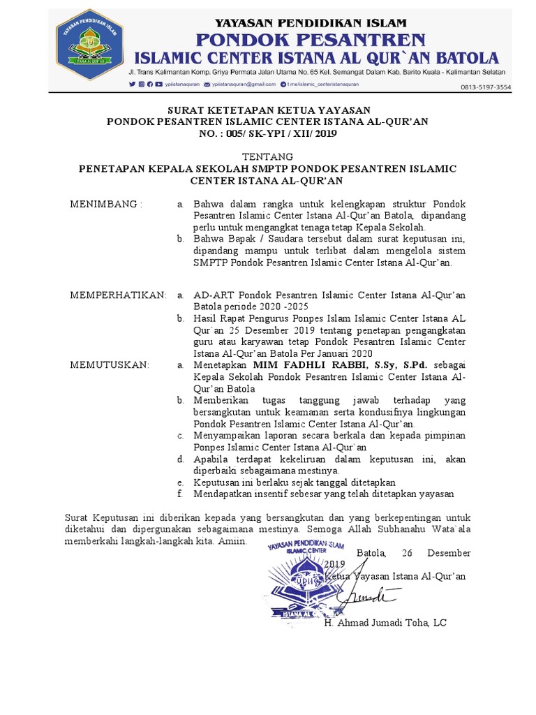 Surat Ketetapan Ketua Yayasan Kepala Sekolah | PDF
