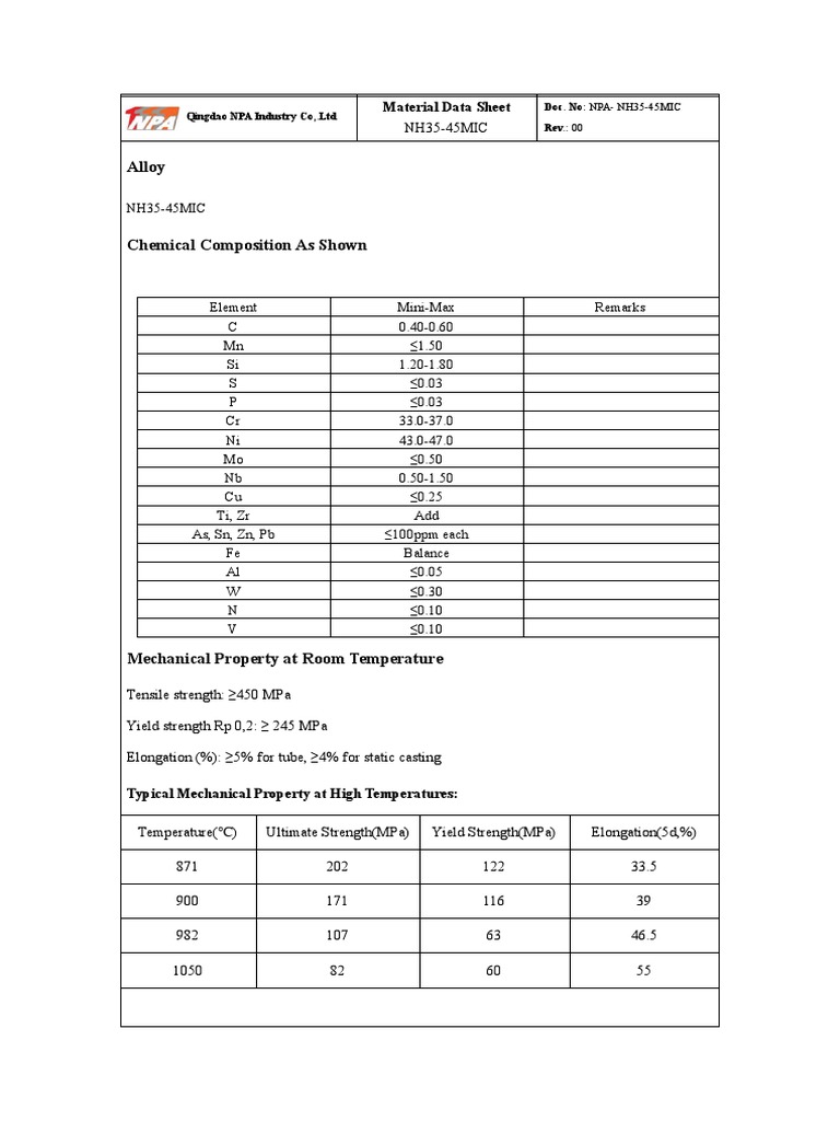 Material Data Sheet for NH35-45MIC Superalloy: Chemical Composition ...