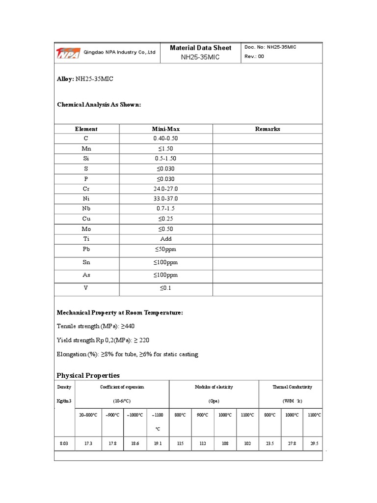 NH25-35MIC Material Data Sheet | PDF | Pascal (Unit) | Strength Of Materials