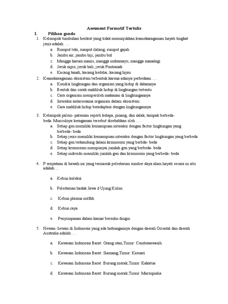 Asesment Formatif Tertulis Keanekargaman Hayati | PDF