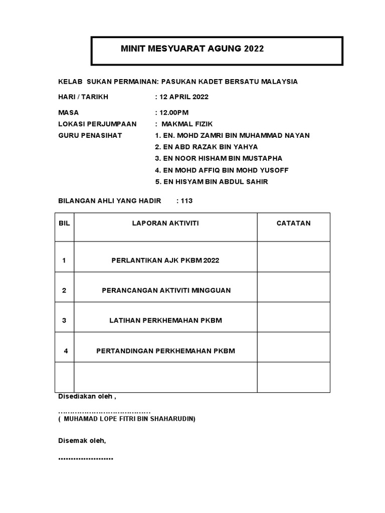 Minit Mesyuarat Agong PKBM 2022 | PDF