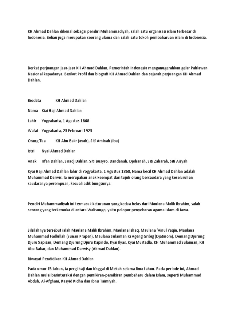 Biografi KH Ahmad Dahlan Dikenal Sebagai Pendiri Muhammadiyah | PDF