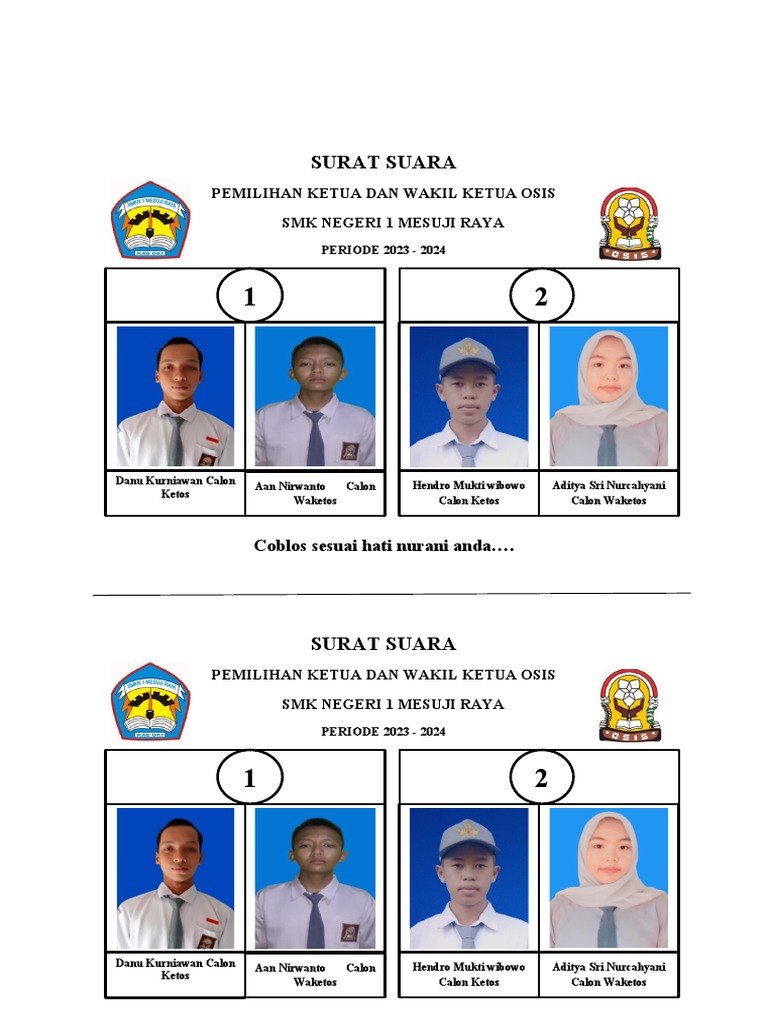 Surat Suara Pemilihan Ketua Dan Wakil Ketua Osis-1 | PDF Surat Suara Pemilihan Ketua Dan Wakil Ketua Osis-1 | PDF