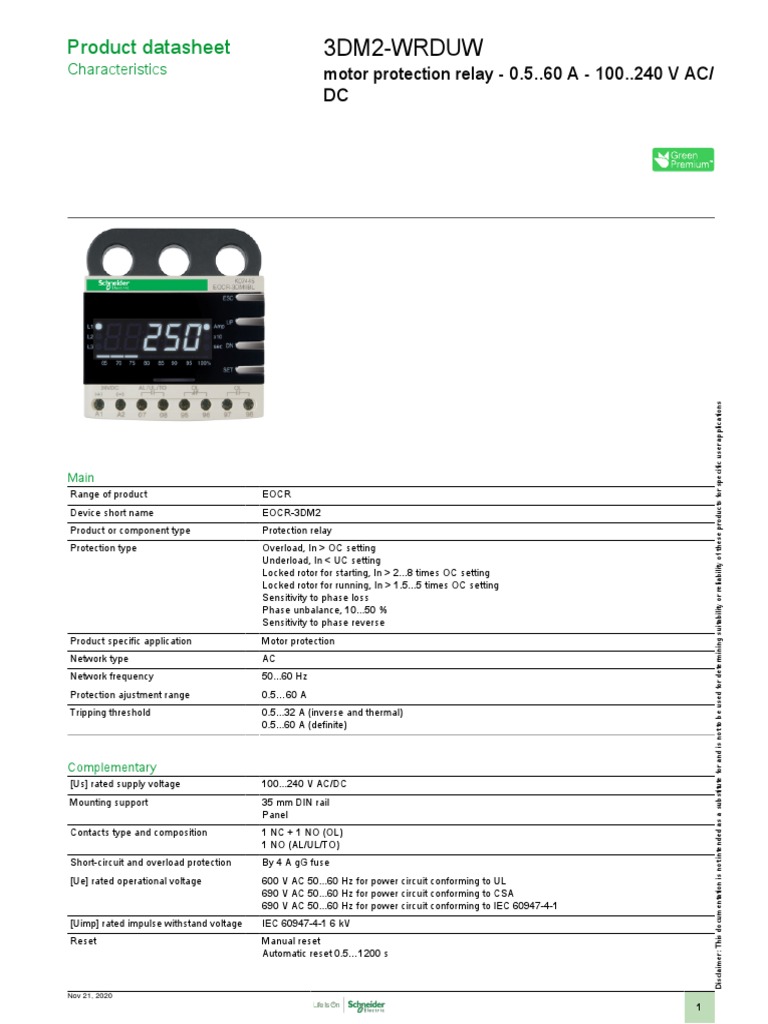 Product datasheet for 3DM2-WRDUW motor protection relay | PDF ...