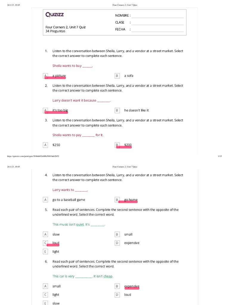 Four Corners 2 Unit 7 Quiz Guide | PDF