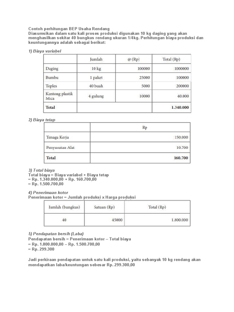 Contoh Perhitungan BEP Usaha Rendang | PDF