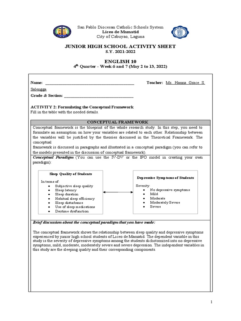 English 10 - Formulating The Conceptual Framework Activity | PDF | Sleep | Psychology
