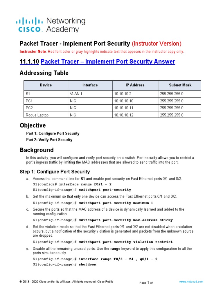 11.1.10 Packet Tracer - Implement Port Security | PDF | Network Interface Controller | Network ...