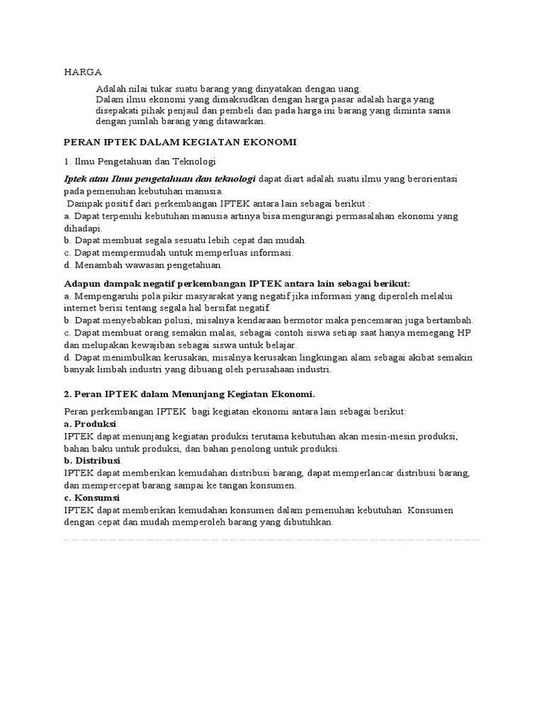 Harga, Peran Iptek Dalam Kegiatan Ekonomi | PDF