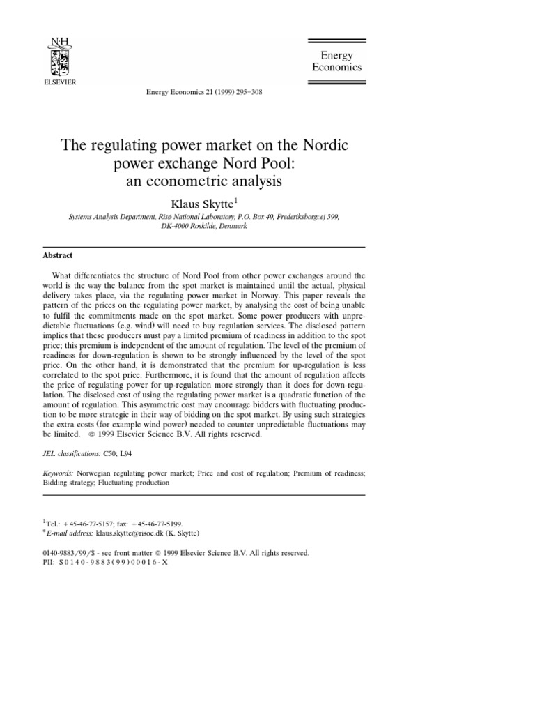 The Regulating Power Market On The Nordic Power Exchange Nord Pool: An ...