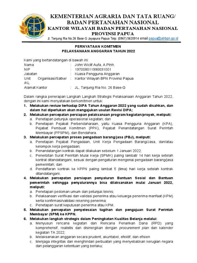 Pernyataan Komitmen Pelaksanaan Anggaran Satker | PDF