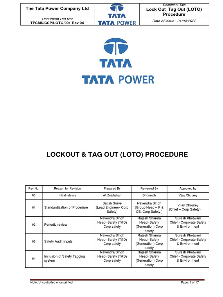 01 - Tata Power LOTO Procedure | PDF | Safety