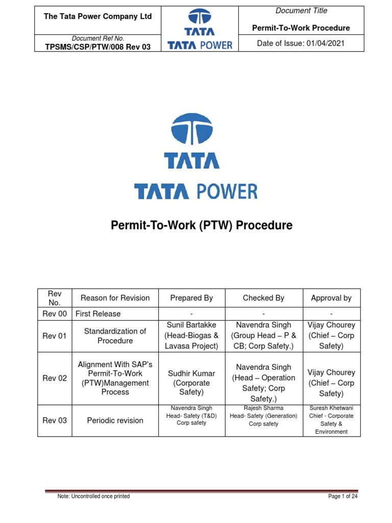08 - Tata Power Permit To Work Procedure | Download Free PDF | Safety | Business