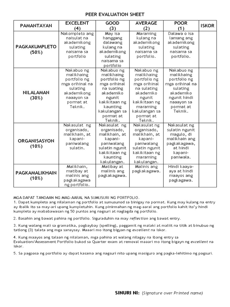 Peer Evaluation Sheet | PDF