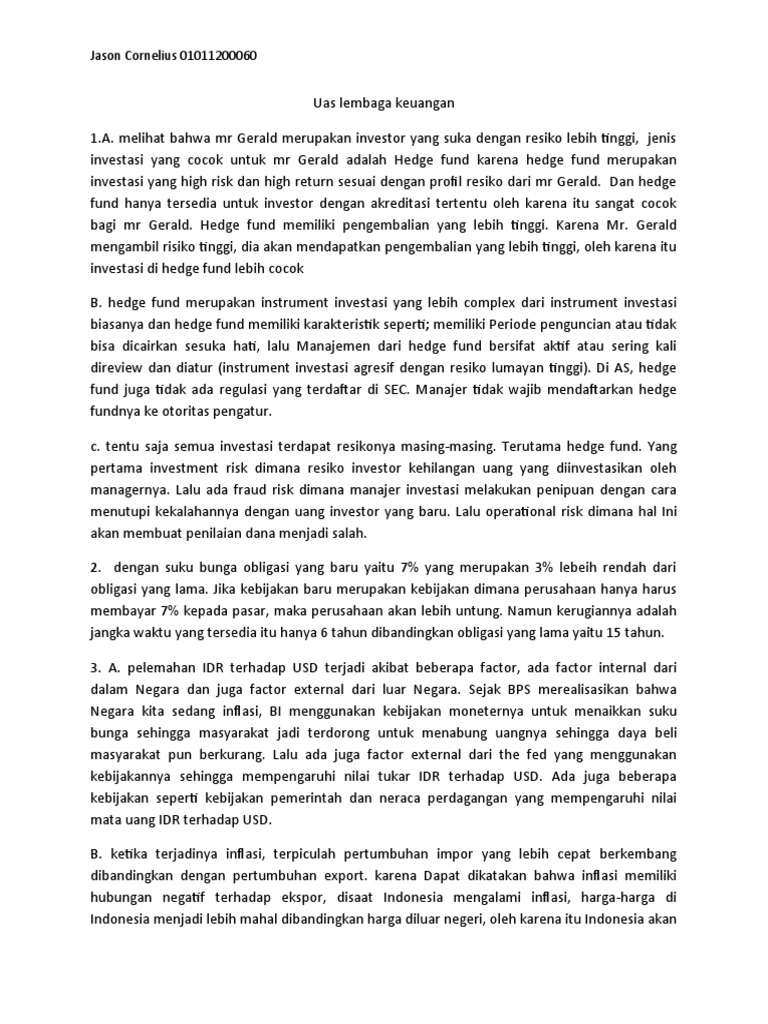 Uas Lembaga Keuangan Jason Cornelius 01011200060 | PDF