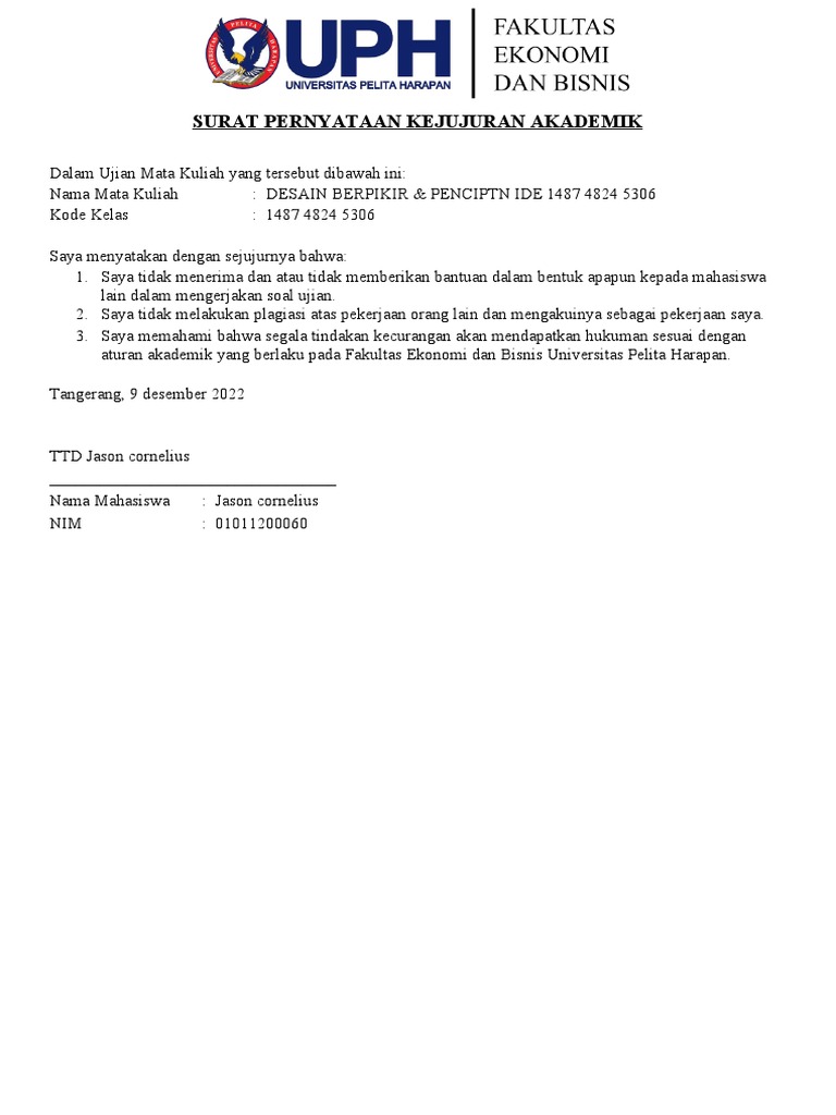 Surat Pernyataan Kejujuran Design | PDF