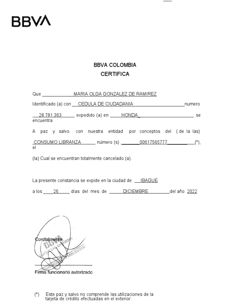 Paz y Salvo Bbva | PDF