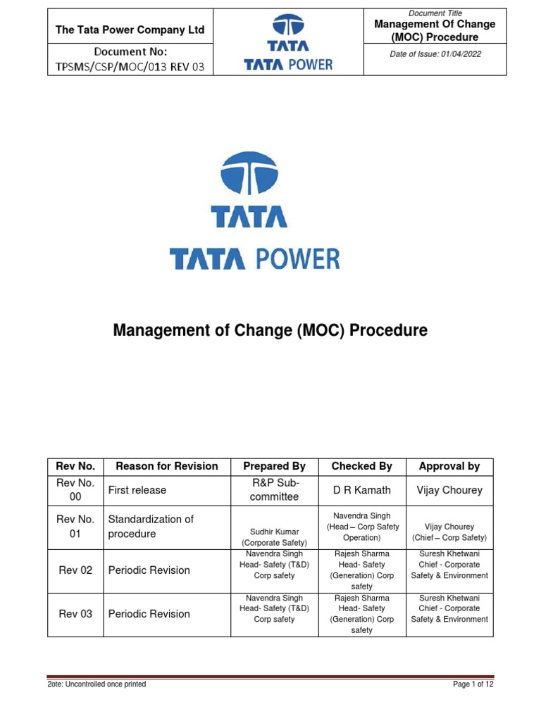 13 - Tata Power Management of Change (MOC) Procedure | PDF | Safety ...