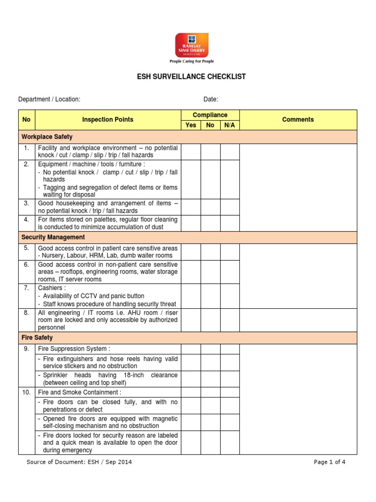 ESH Surveillance Checklist | PDF | Emergency Evacuation | Emergency