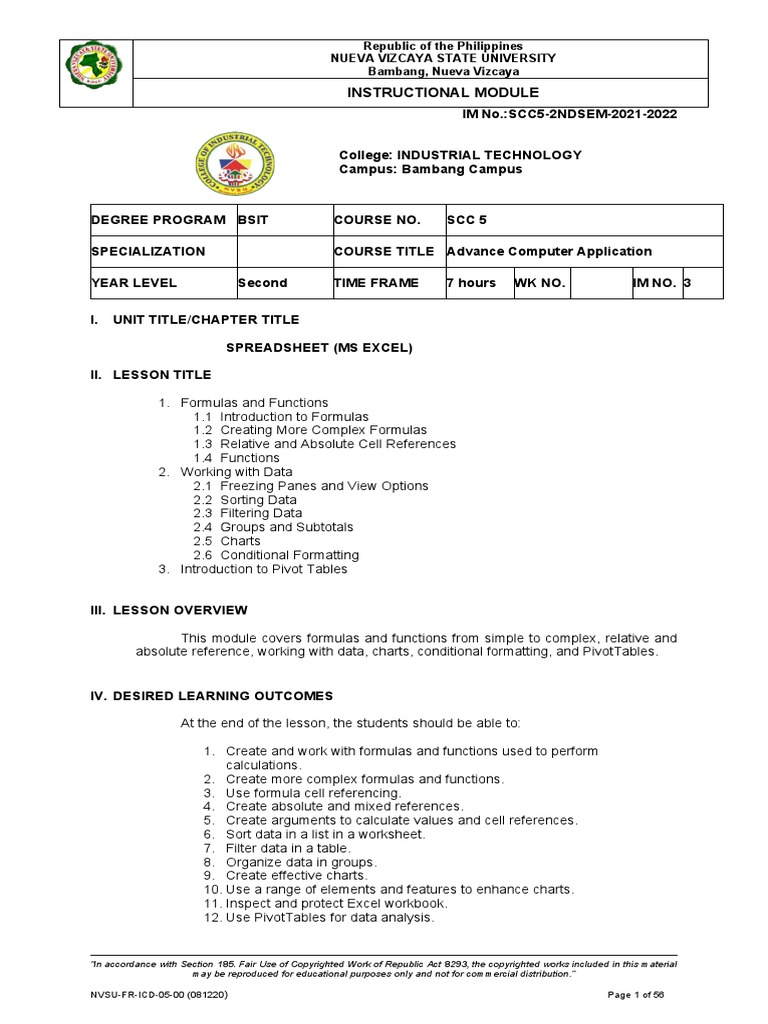 Module 3 - Excel Formulas | PDF | Microsoft Excel | Fair Use