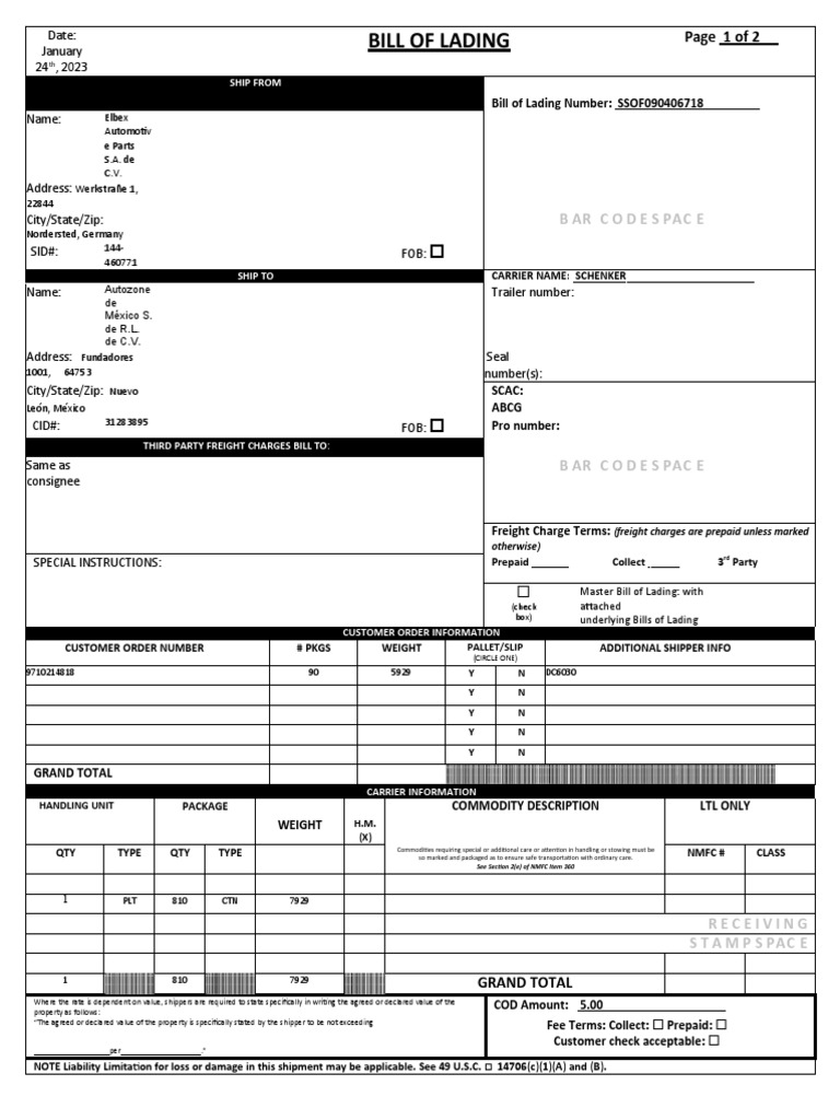 Bill of Landing | PDF | Cargo | Manufactured Goods