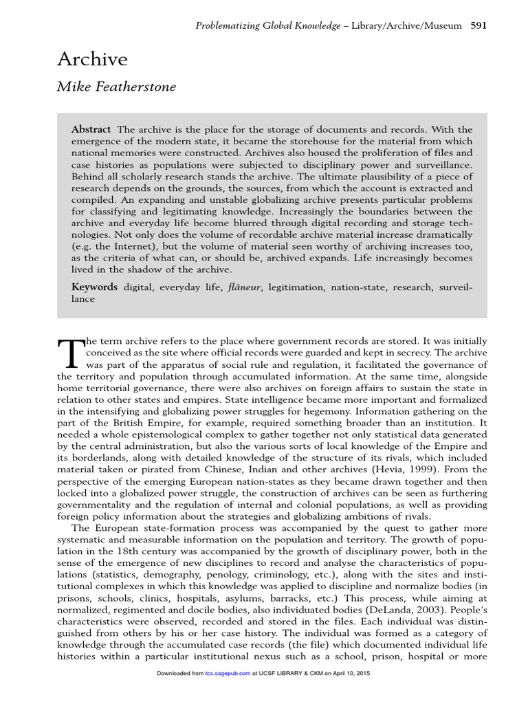 Featherstone, Mike. Archive'. Theory, Culture and Society. 23 - 2-3 ...